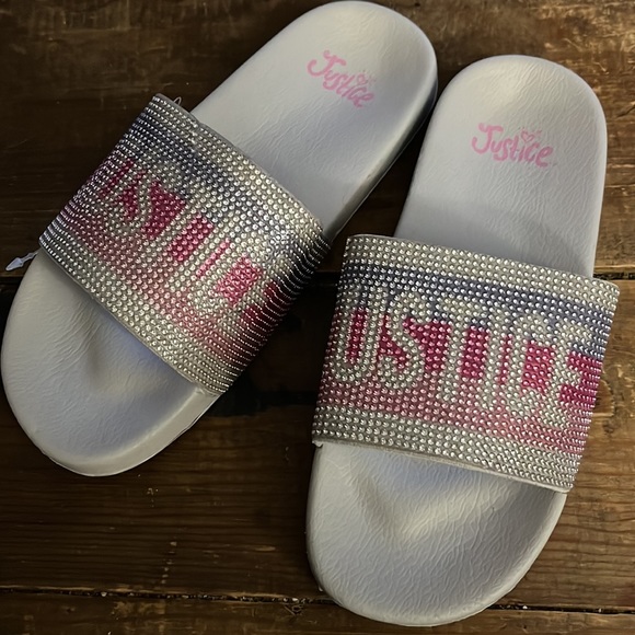 Justice | Shoes | Justice Logo Rhinestone Slides 3 4 Silver Pink Purple ...